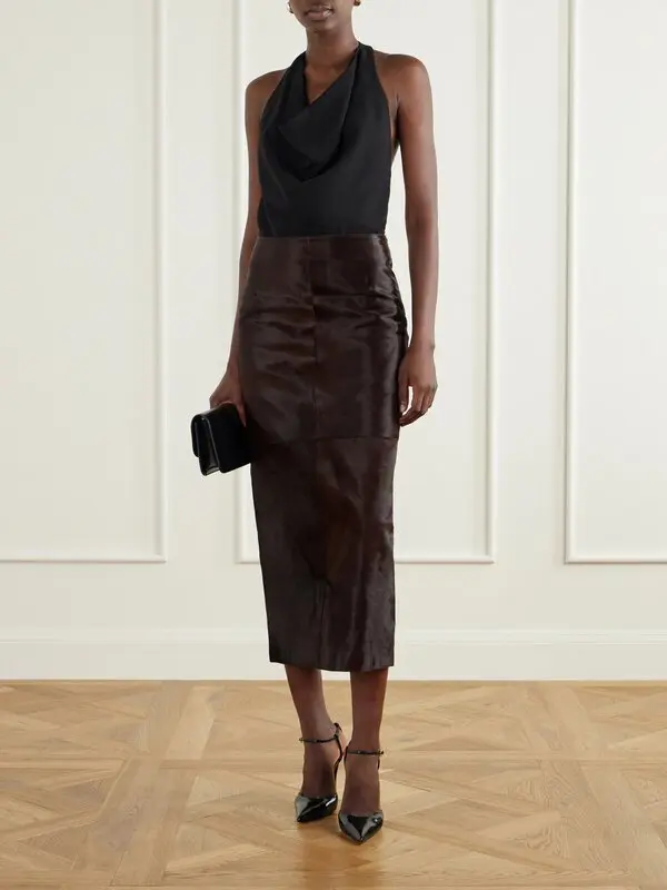 Nour Hammour Elyse Paneled Calf Hair Midi Skirt - Metallic