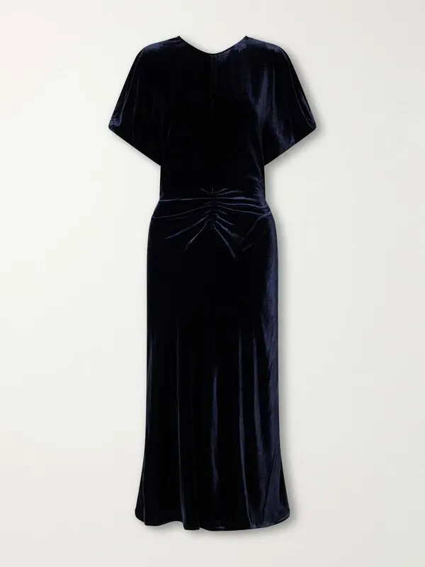 Victoria Beckham Bela Gathered Velvet Midi Dress - Navy