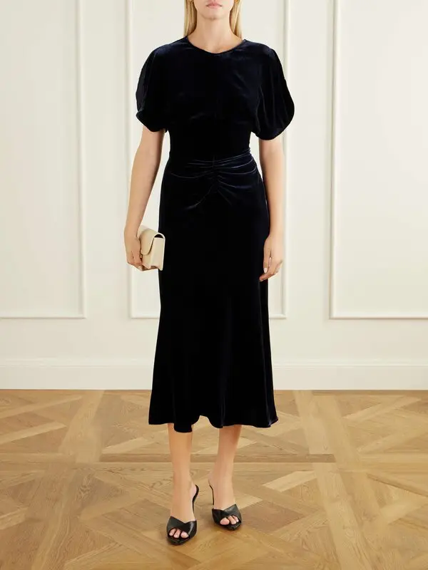 Victoria Beckham Bela Gathered Velvet Midi Dress - Navy