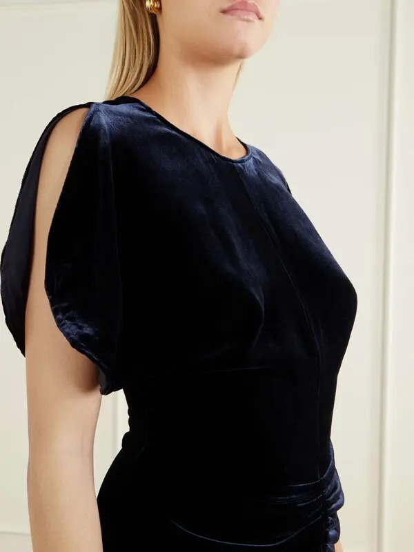 Victoria Beckham Bela Gathered Velvet Midi Dress - Navy