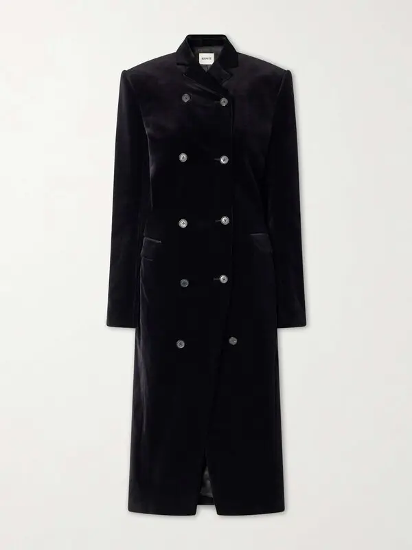 Khaite Rolon Velvet Cotton-blend Double-breasted Long Coat