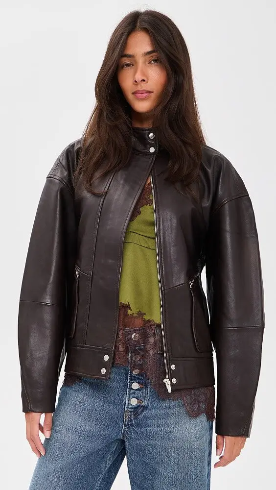 REFORMATION Veda Harrison Leather Oversized Bomber Jacket - Cocoa