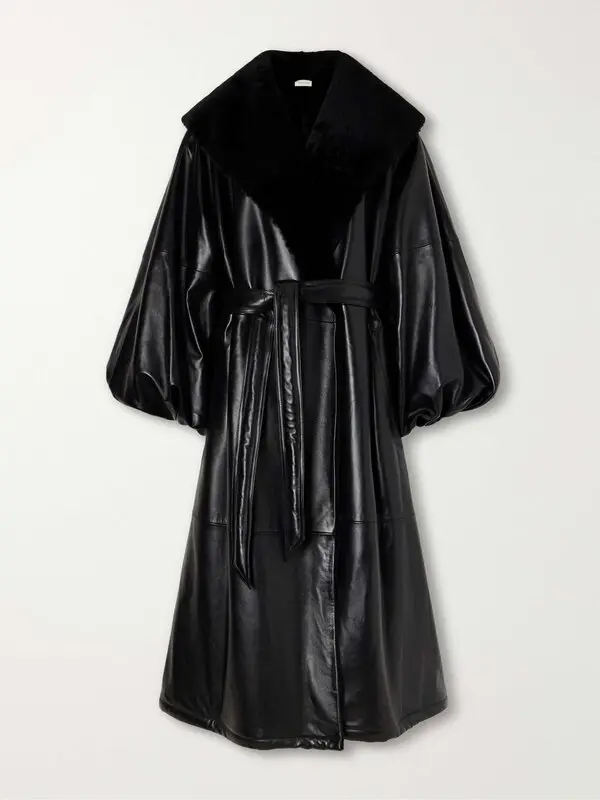 Magda Butrym Belted Plush-trimmed Leather Coat