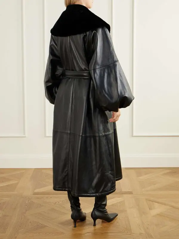 Magda Butrym Belted Plush-trimmed Leather Coat