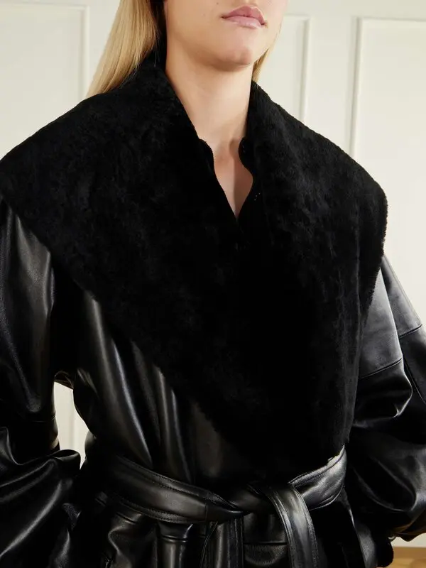 Magda Butrym Belted Plush-trimmed Leather Coat