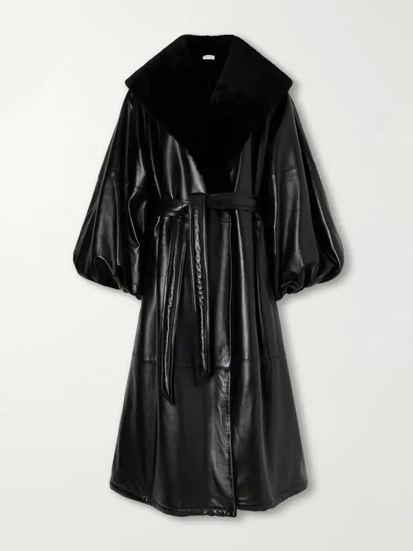 Magda Butrym Belted Plush-trimmed Leather Coat - Black