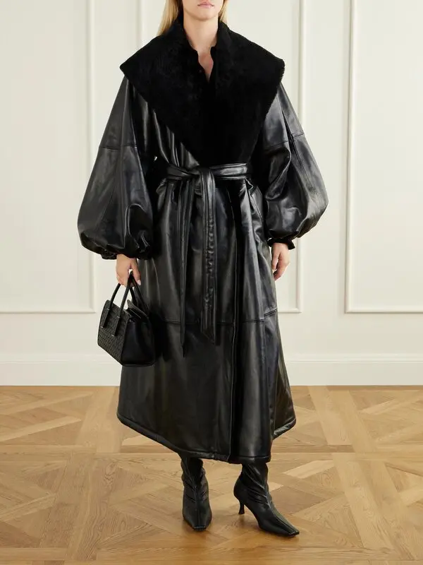 Magda Butrym Belted Plush-trimmed Leather Coat