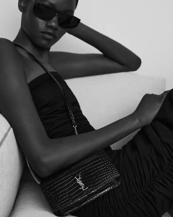 Saint Laurent Cassandre Phone Holder In Shiny Crocodile-embossed Leather