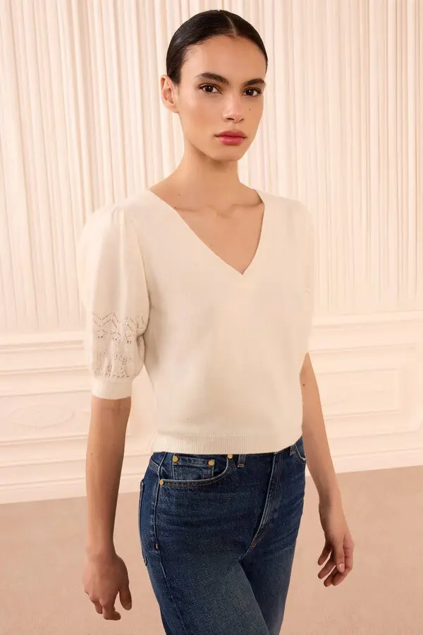 Ulla Johnson Reina Puff Sleeve Cashmere Top - Pearl