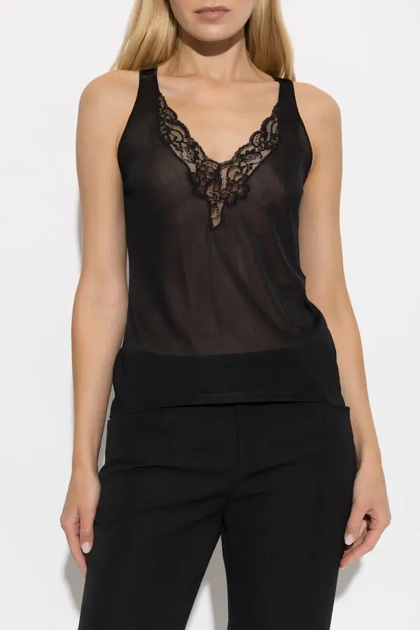 Balmain Lace Trimmed V-neck Top - Black