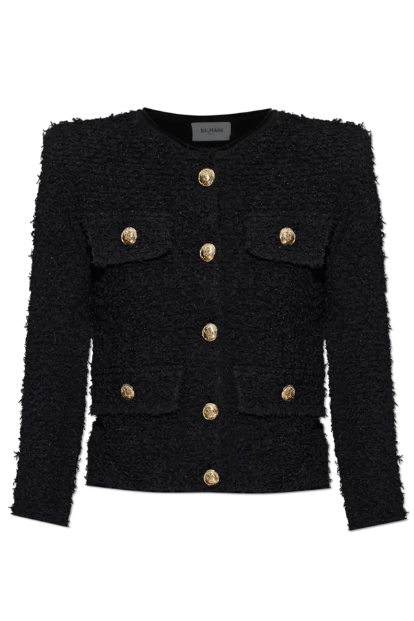 Balmain Tweed Cardigan With Sewn-in Shoulder Pads - Black