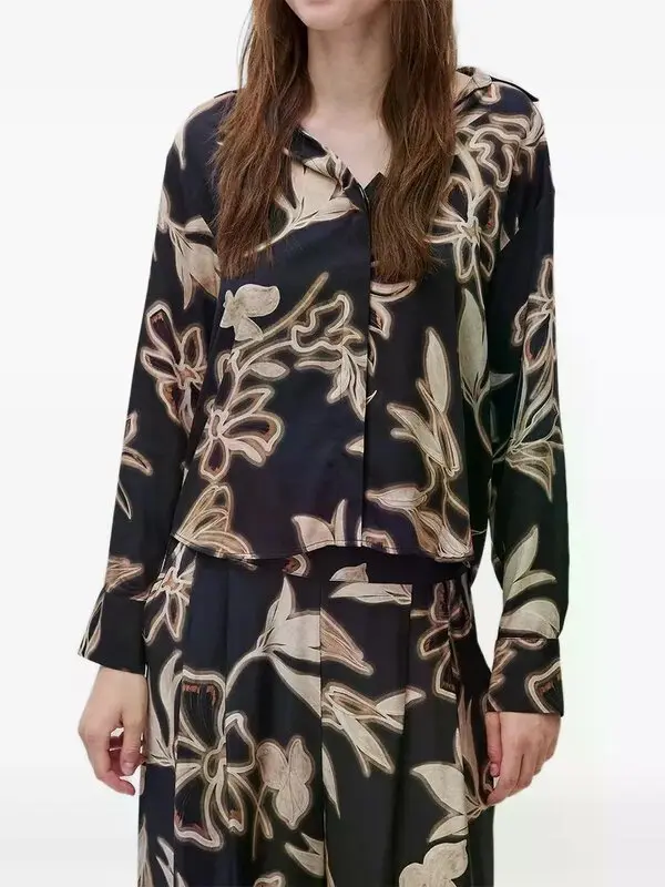 BENETTON Floral-print Long-sleeve Shirt - Black