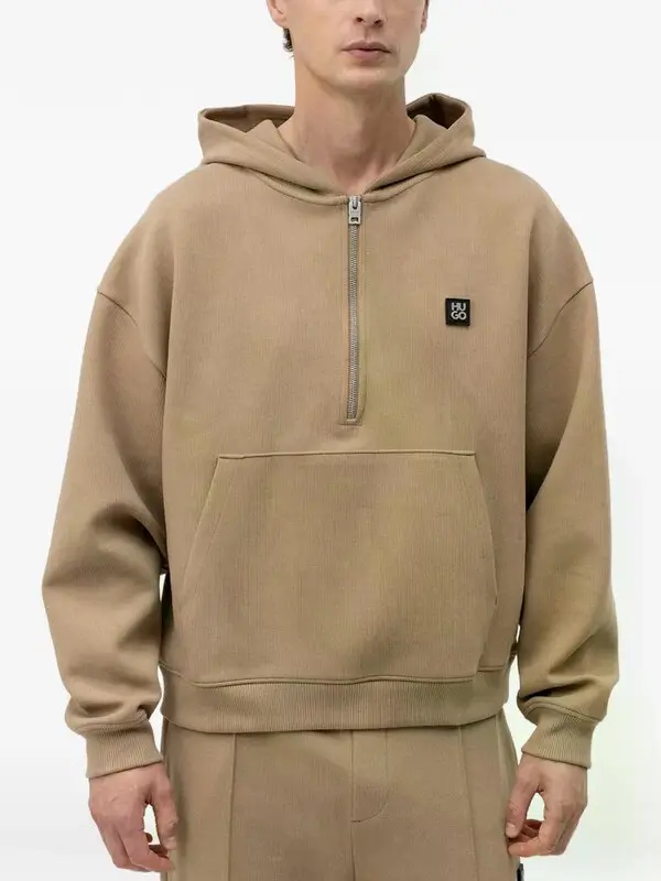 Hugo Zipper-neck Hoodie In A Structured Cotton Blend - Neutrals