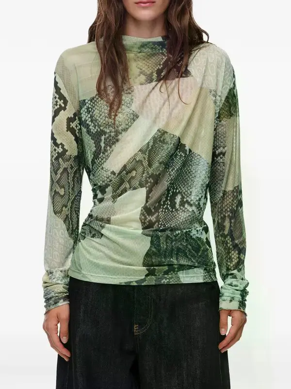 Bimba Y Lola Snake-patchwork Ruched Tulle Long Sleeve T-shirt