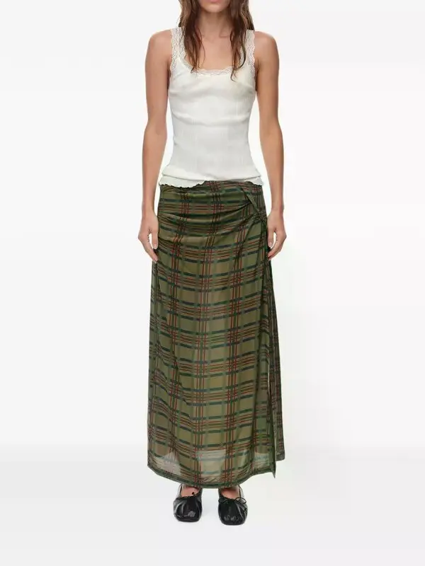 Bimba Y Lola Khaki Checked Gathered Fluid Skirt