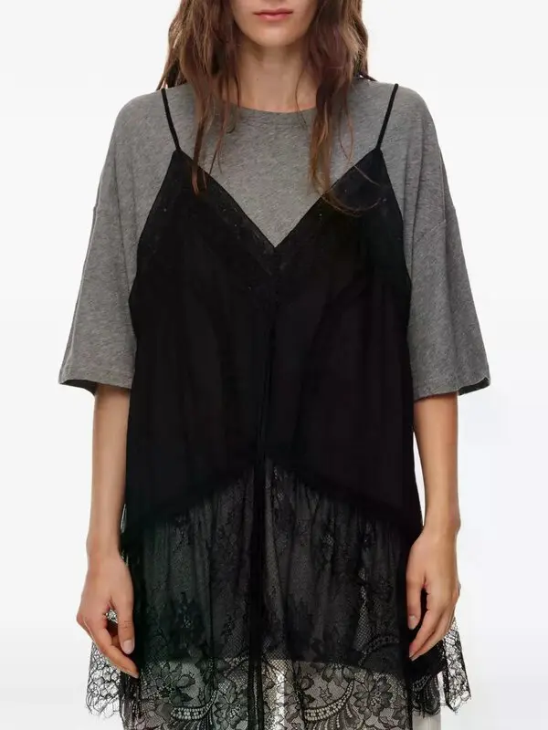 Bimba Y Lola Gray Melange Fluid Layer T-shirt Top - Black