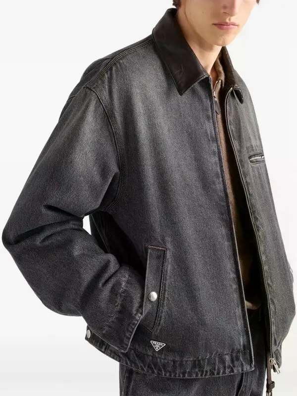 Prada Black Denim Blouson Jacket With Leather Collar