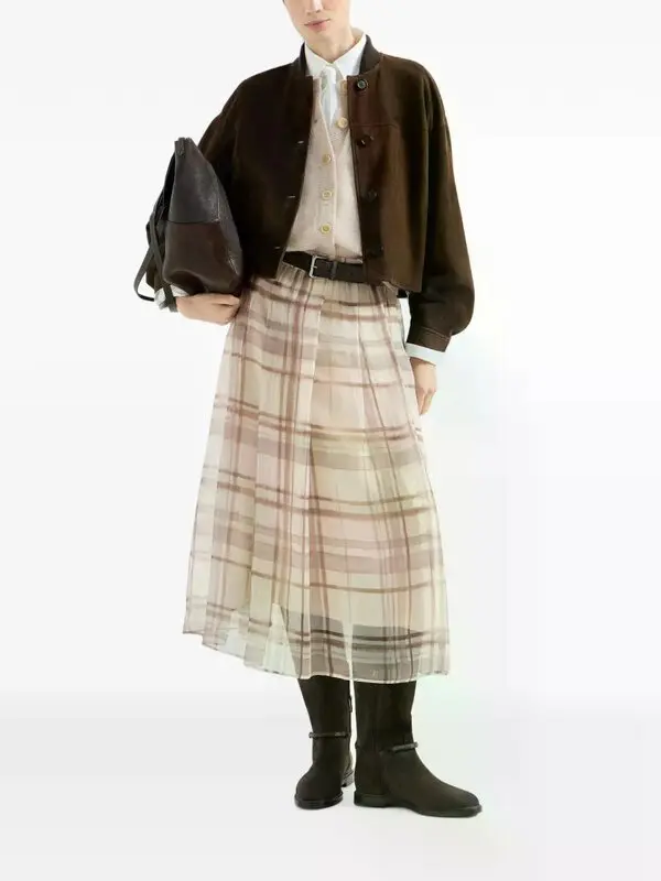 Brunello Cucinelli Macro-check Pleated Midi Skirt