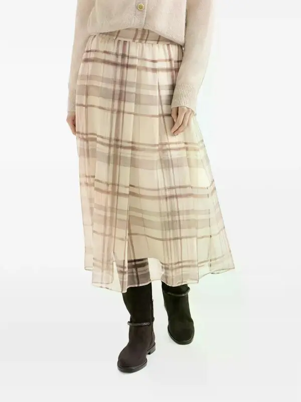 Brunello Cucinelli Macro-check Pleated Midi Skirt