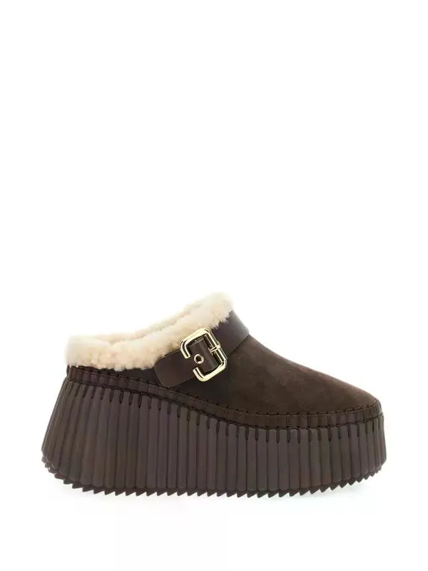 Chloé Nama Buckle-fastening Shearling-lined Wedge Mules - Brown