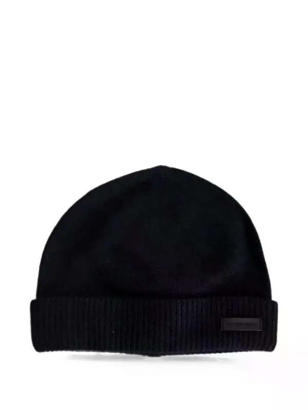 Emporio Armani Logo-plaque Ribbed-trim Beanie Hat - Black
