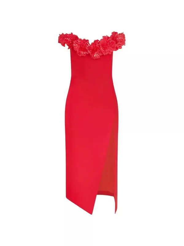 David Koma 3d Floral-applique Off-shoulder Midi Dress - Red
