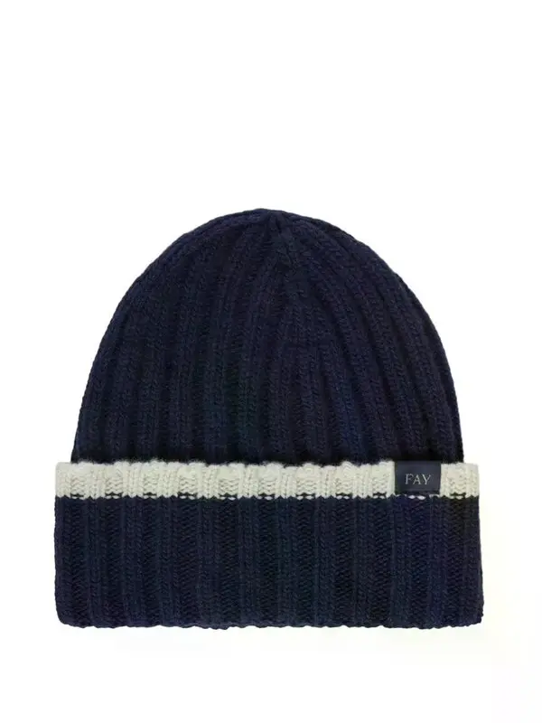 FAY Ribbed Knit Beanie Hat - Blue
