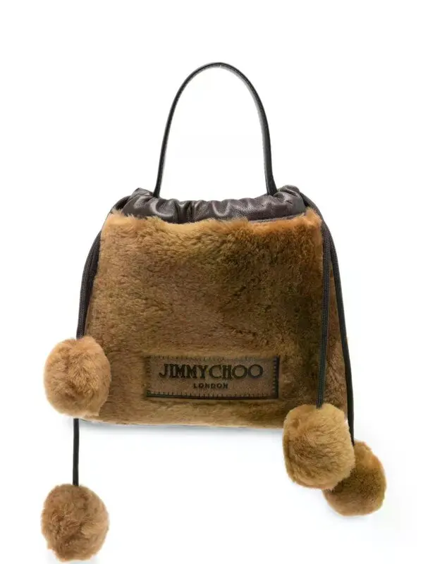 JIMMY CHOO Faux Shearling Drawstring Tote Bag With Pom-pom Details - Brown