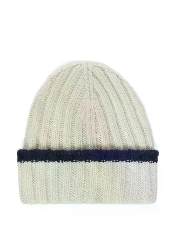 FAY Ribbed Knit Stripe Beanie Hat - Neutrals