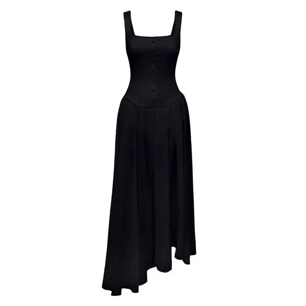 POST MERIDIEM Maxi Dress With Buttons And Asymmetrical Skirt - Black
