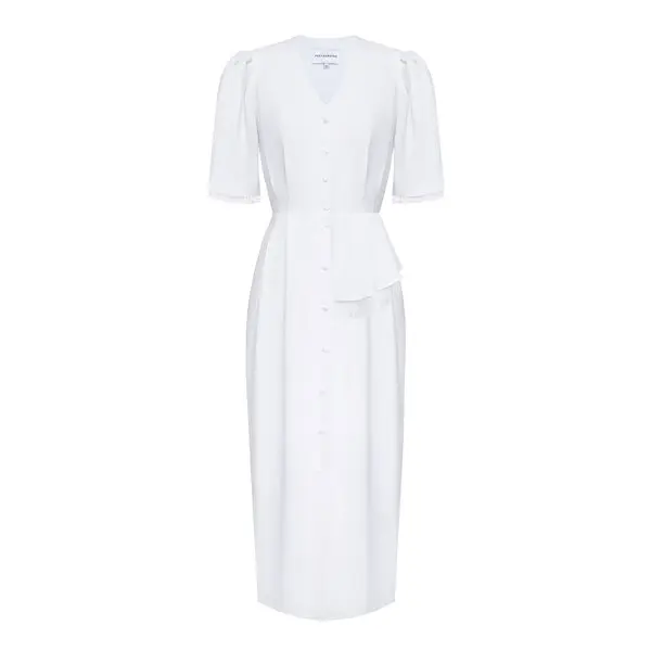 POST MERIDIEM Lace Trimmed Button Front Midi Dress With Belt - White