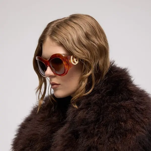 Gucci Round Frame Sunglasses With Double G Detail - Orange Hawksbill Pattern