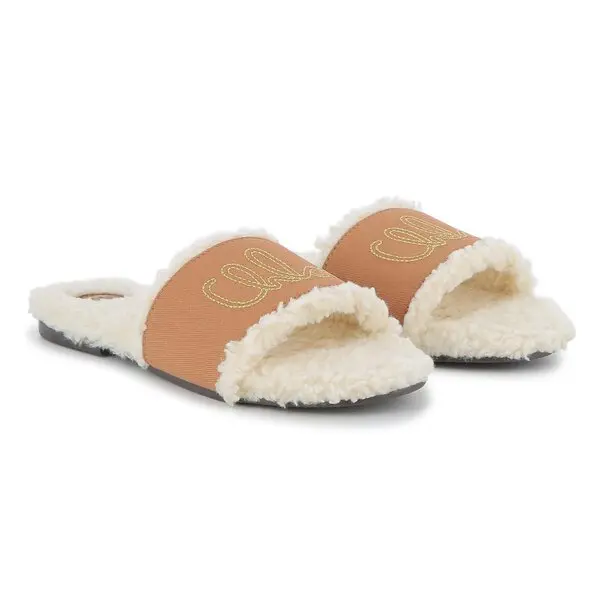 Chloé Shearling-effect Logo Embroidered Slides