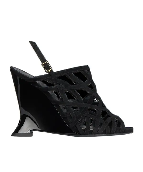 Balmain Wedge Cage Sandals In Suede - Black