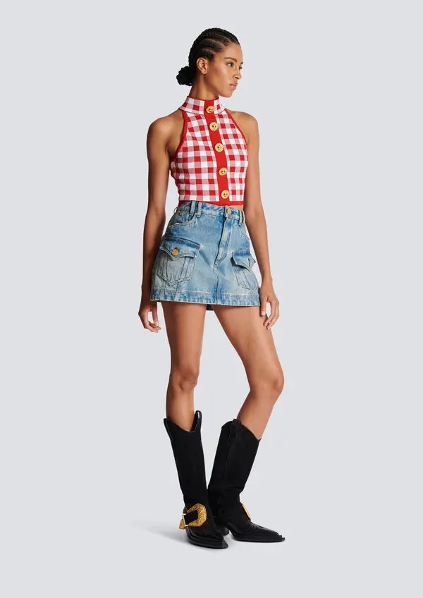 Balmain Gingham Checked Sleeveless Top