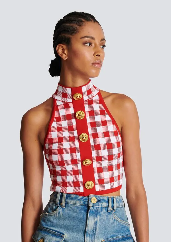 Balmain Gingham Checked Sleeveless Top