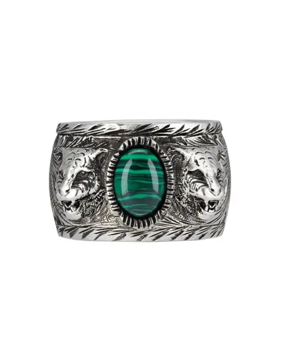 Gucci Tiger Head And Green Accent Ring - Black