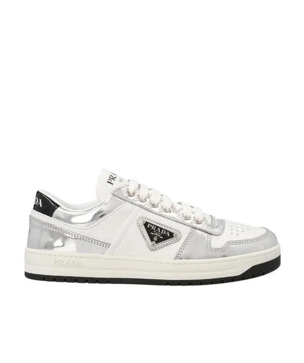 Prada Tie Metallic Leather Sneakers - White / Silver