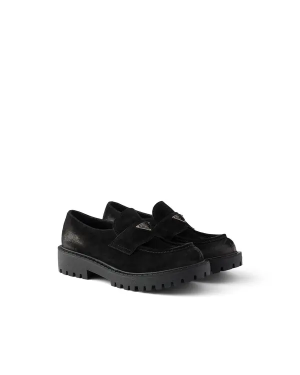 Prada Aged Suede Loafers With Enameled Triangle Logo - Black