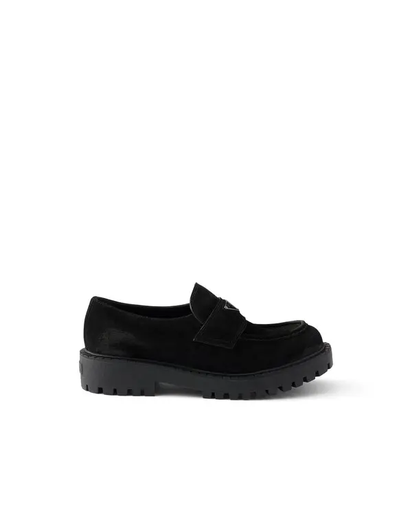 Prada Aged Suede Loafers With Enameled Triangle Logo - Black