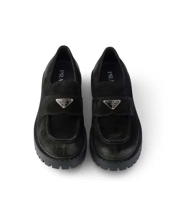 Prada Aged Suede Loafers With Enameled Triangle Logo - Black