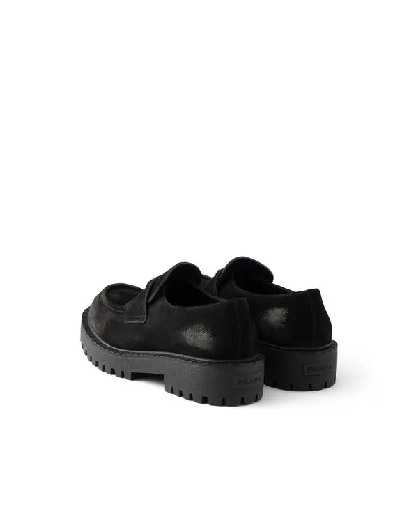 Prada Aged Suede Loafers With Enameled Triangle Logo - Black