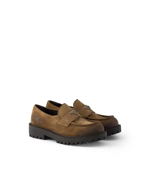 Prada Aged Suede Loafers With Enameled Triangle Logo And Chunky Lug Sole - Brown