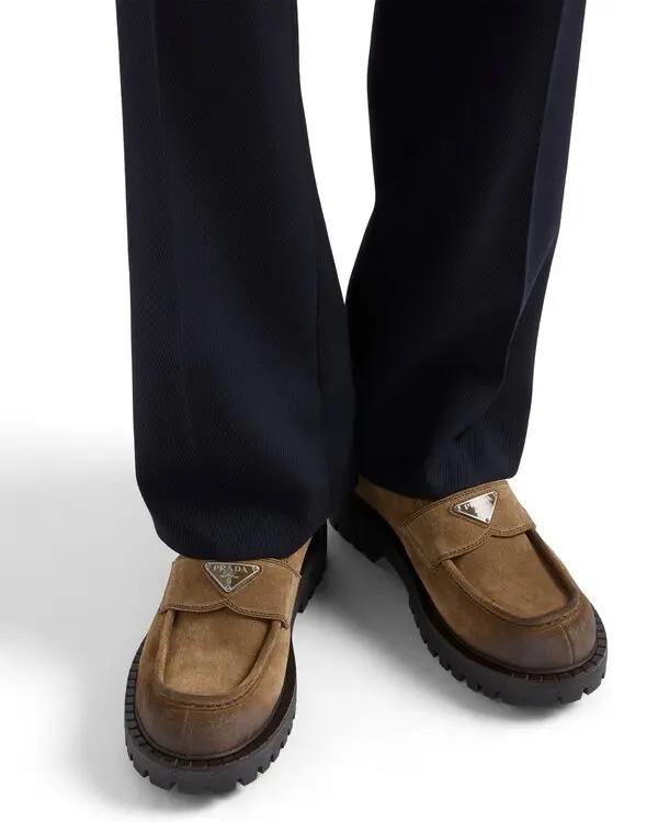 Prada Aged Suede Loafers With Enameled Triangle Logo And Chunky Lug Sole - Brown