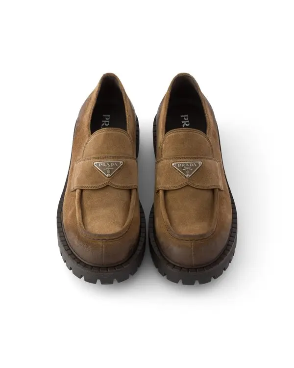 Prada Aged Suede Loafers With Enameled Triangle Logo And Chunky Lug Sole - Brown