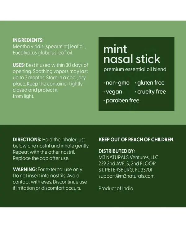 M3 Naturals Mint And Eucalyptus Nasal Inhaler Stick 4-pack