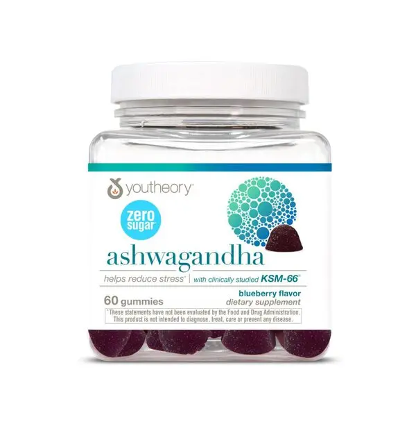 YOUTHEORY Ashwagandha Gummies Ksm 66 Stress Relief And Energy Support Helps Support Mood Sugar Free Blueberry 60 Gummies - No Color