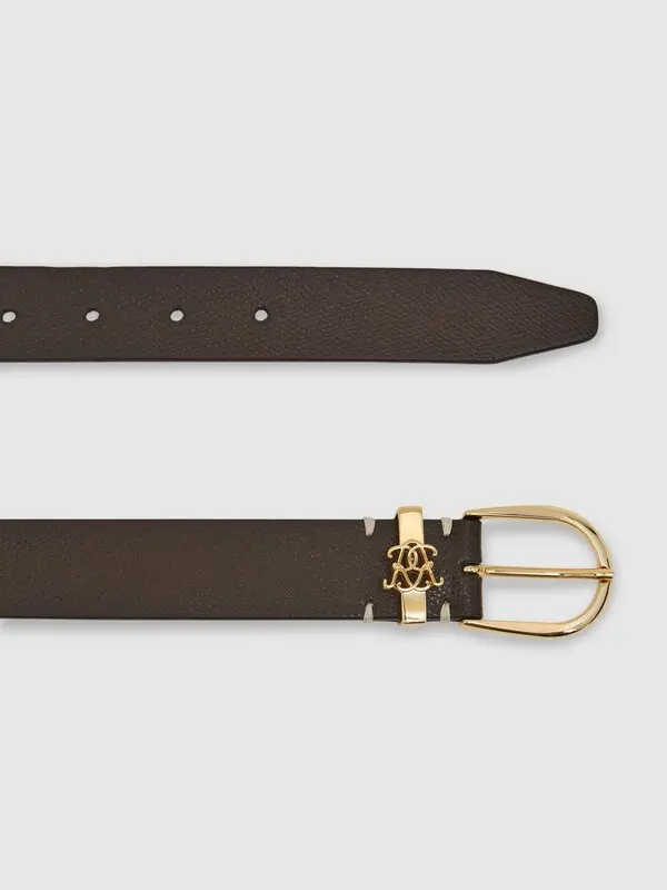 REISS Frederick Grained-leather Belt With Monogram Detail - Dark Brown
