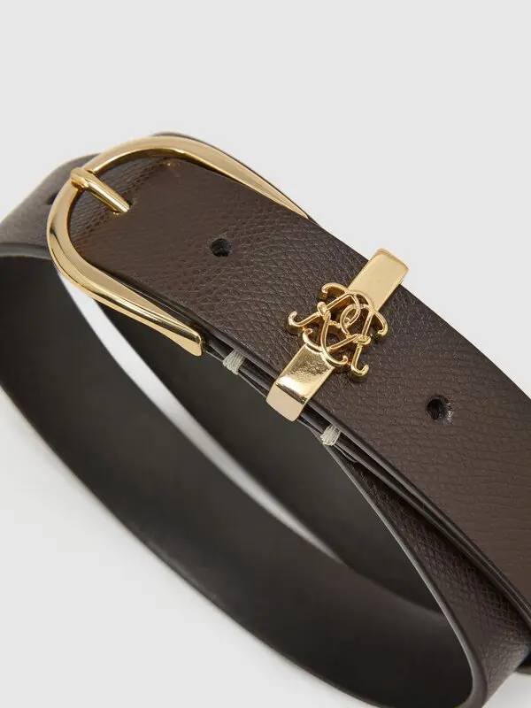 REISS Frederick Grained-leather Belt With Monogram Detail - Dark Brown