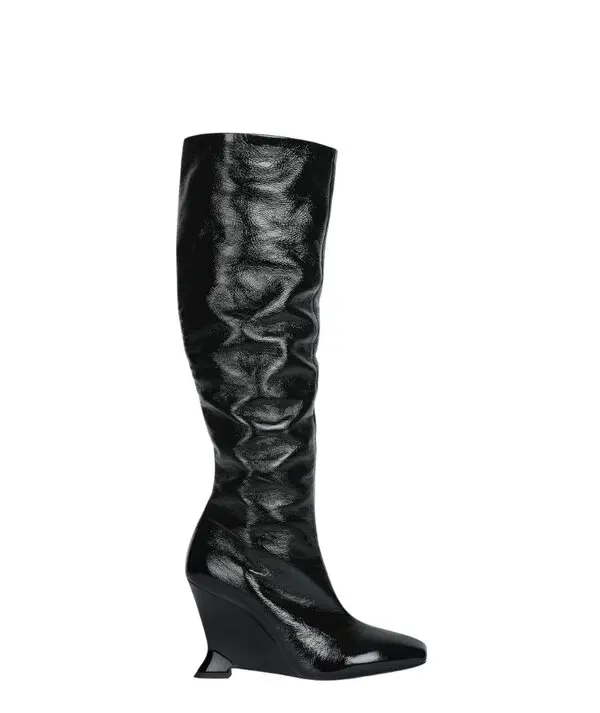 Balmain Wedge Boots In Crinkled Patent Leather - Black